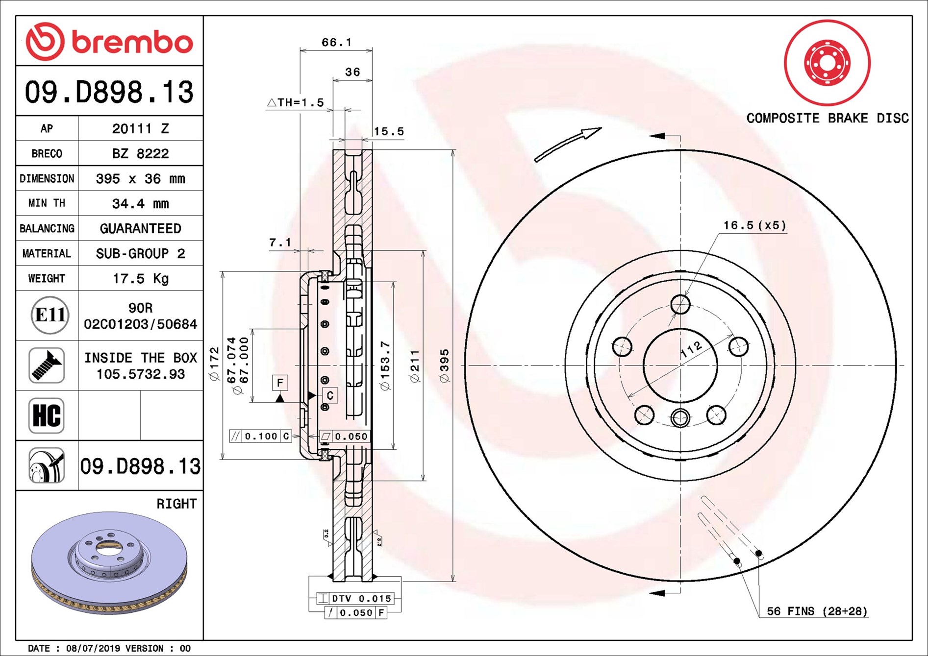 Brake Disc Single Vented fits BMW 840 3.0 2019 on 395mm Brembo ...